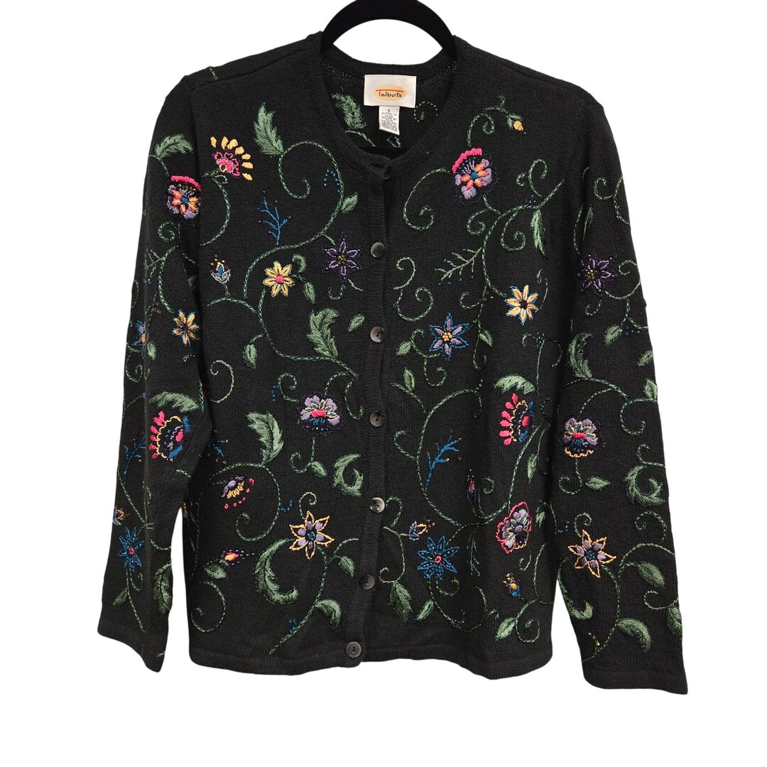 Vintage Talbots Black Embroidered Floral Button-up Sweater Cardigan S ...