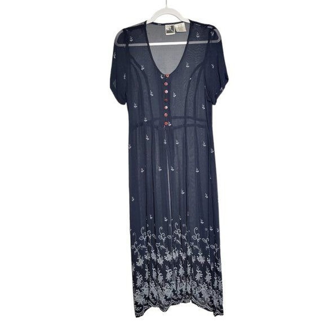 Vintage Retro Women's S Navy Blue Embroidered Sheer Sundress Maxi Dress ...