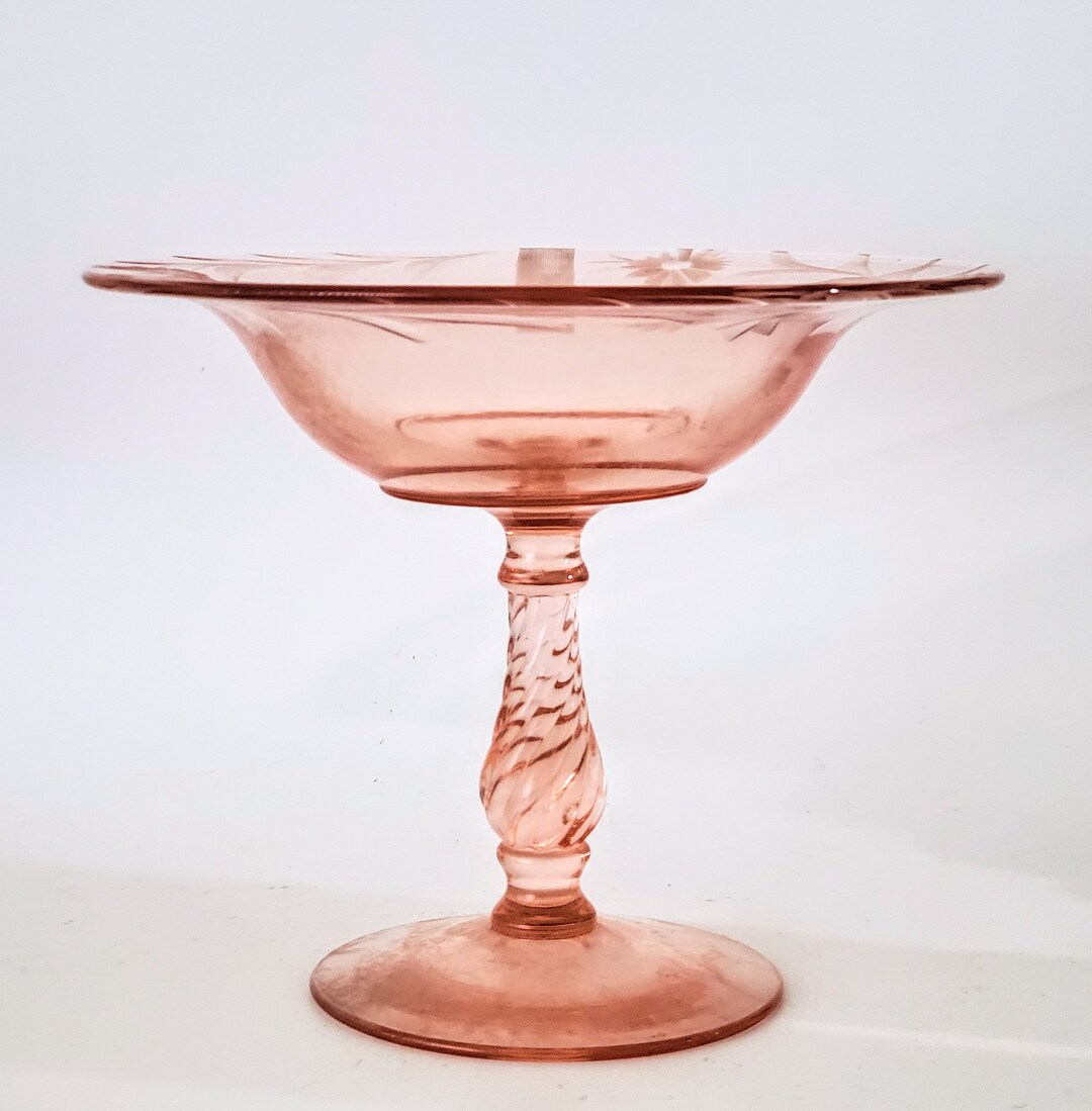 Vintage Pink Depression Glass Compote Etched Floral Pattern Twisted ...
