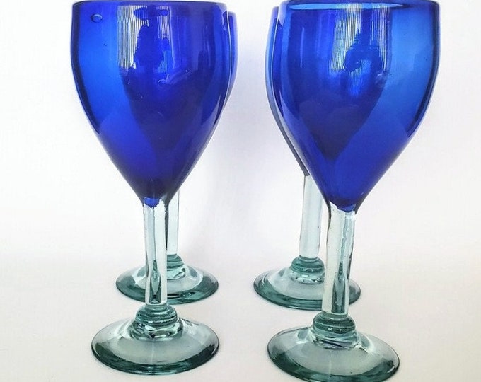 Vintage Mexican Cobalt Blue Wine Glasses Heavy Hand Blown Goblets ...