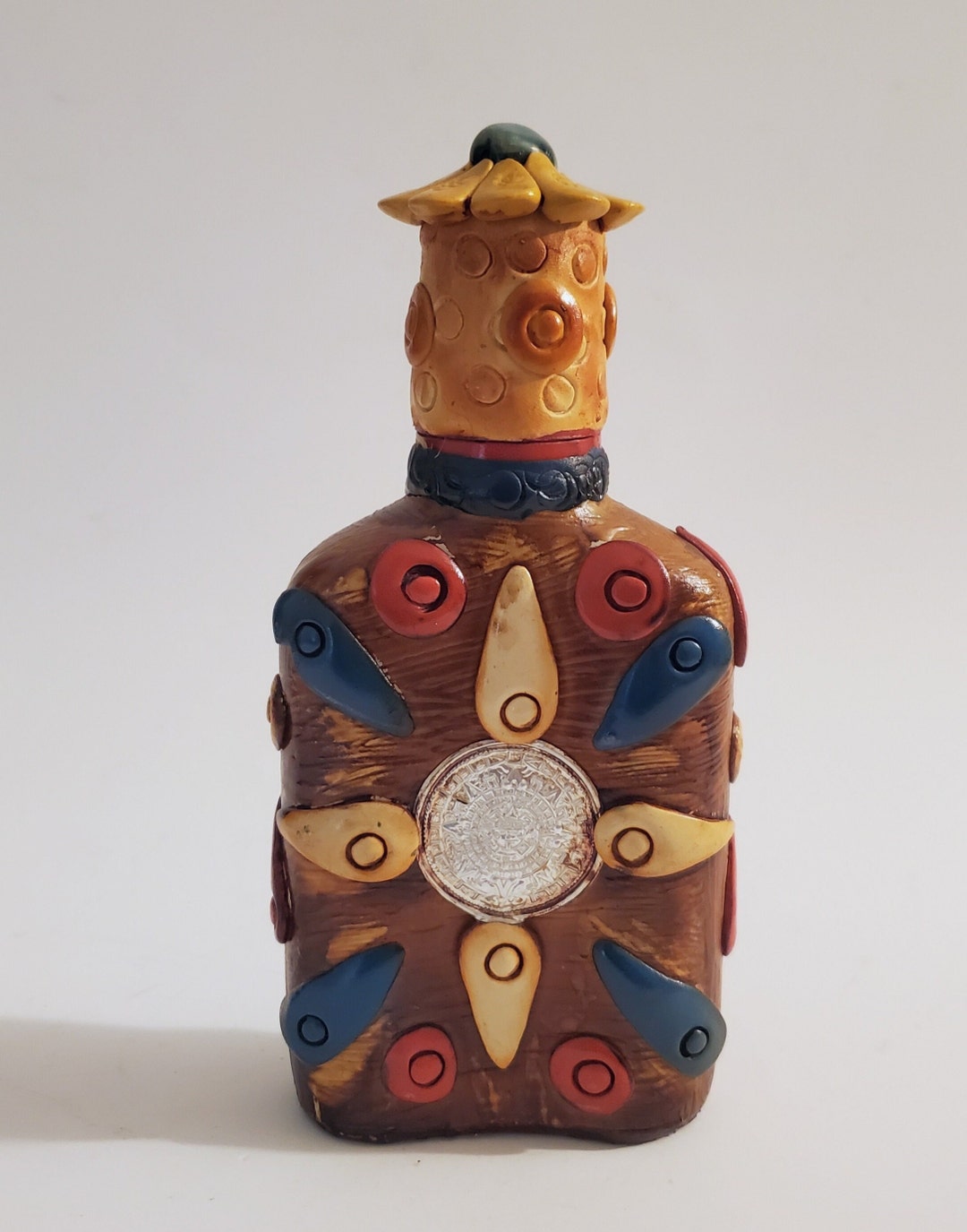 Mexican Aztec Mayan Bottle Folk Art Ceramic Decorative Colorful Barware ...