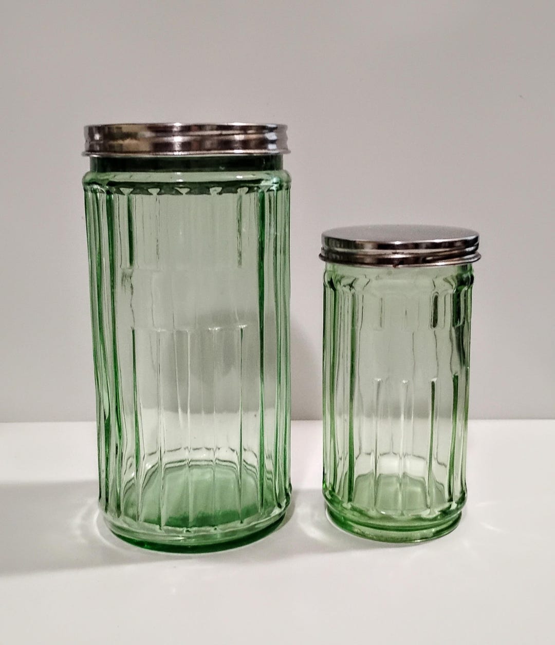 Green Ribbed Glass Jars Containers With Lids Kitchen Storage Set of Two ...