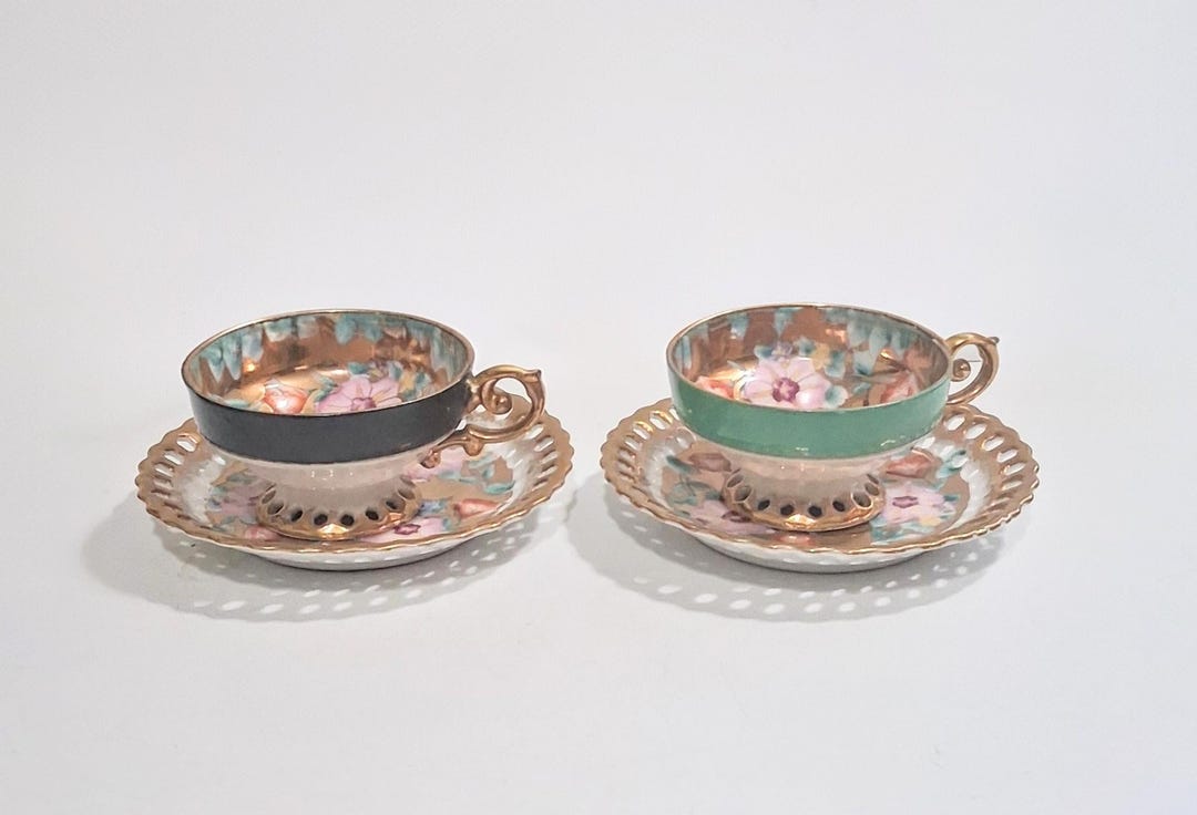 Vintage Ardalt Japan Lenwile Gold Floral BLACK or GREEN Teacup & Saucer ...