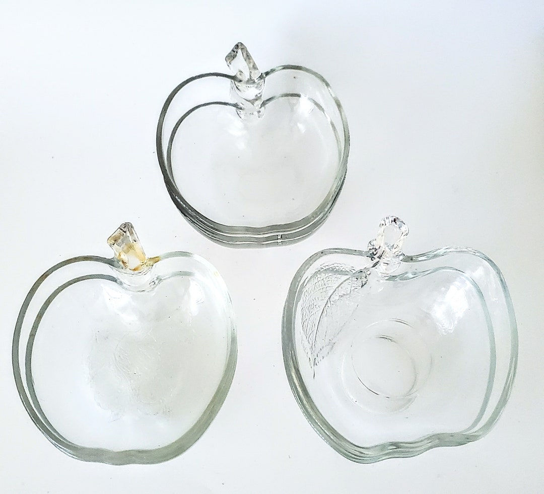 Vintage Apple Shaped Bowls With Etched Textured Leaf Handles Clear ...