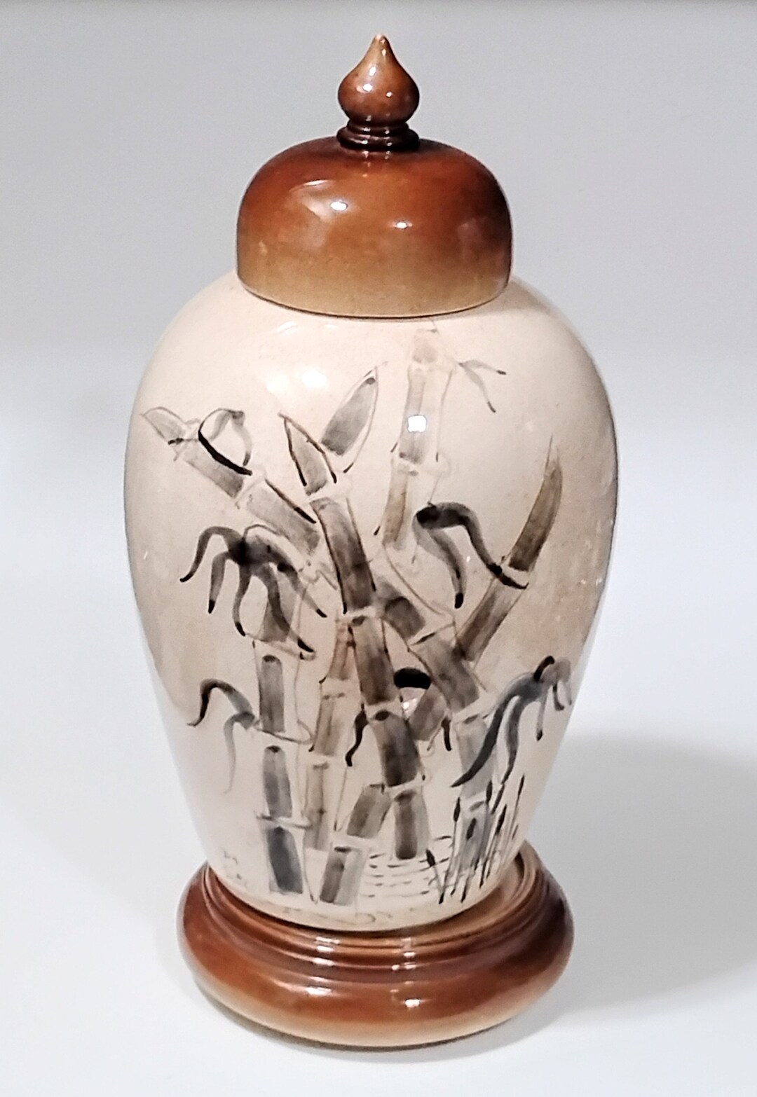 Vintage Bamboo Ginger Jar Urn Flower Vase W Lid Base Duncan Enterprise ...