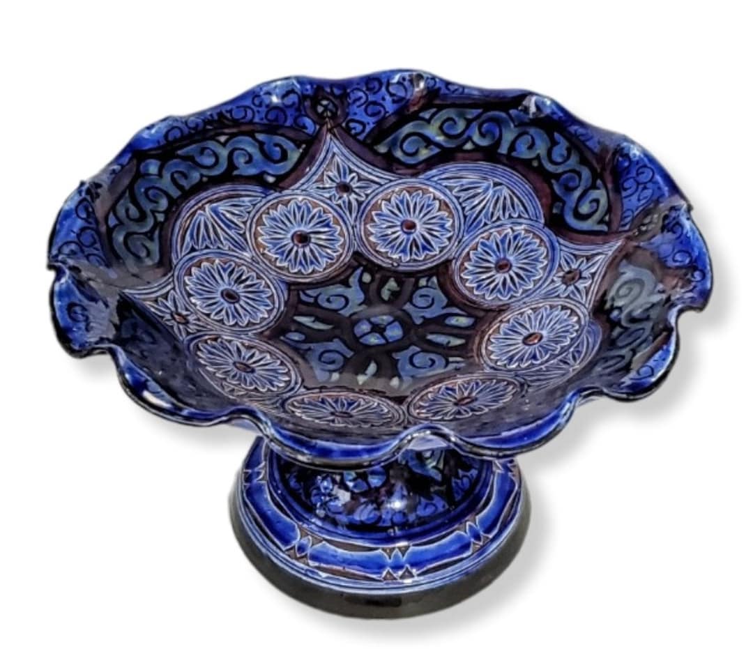 Vintage Moroccan Blue Pottery Compote Bowl Handcrafted Etched Glazed ...