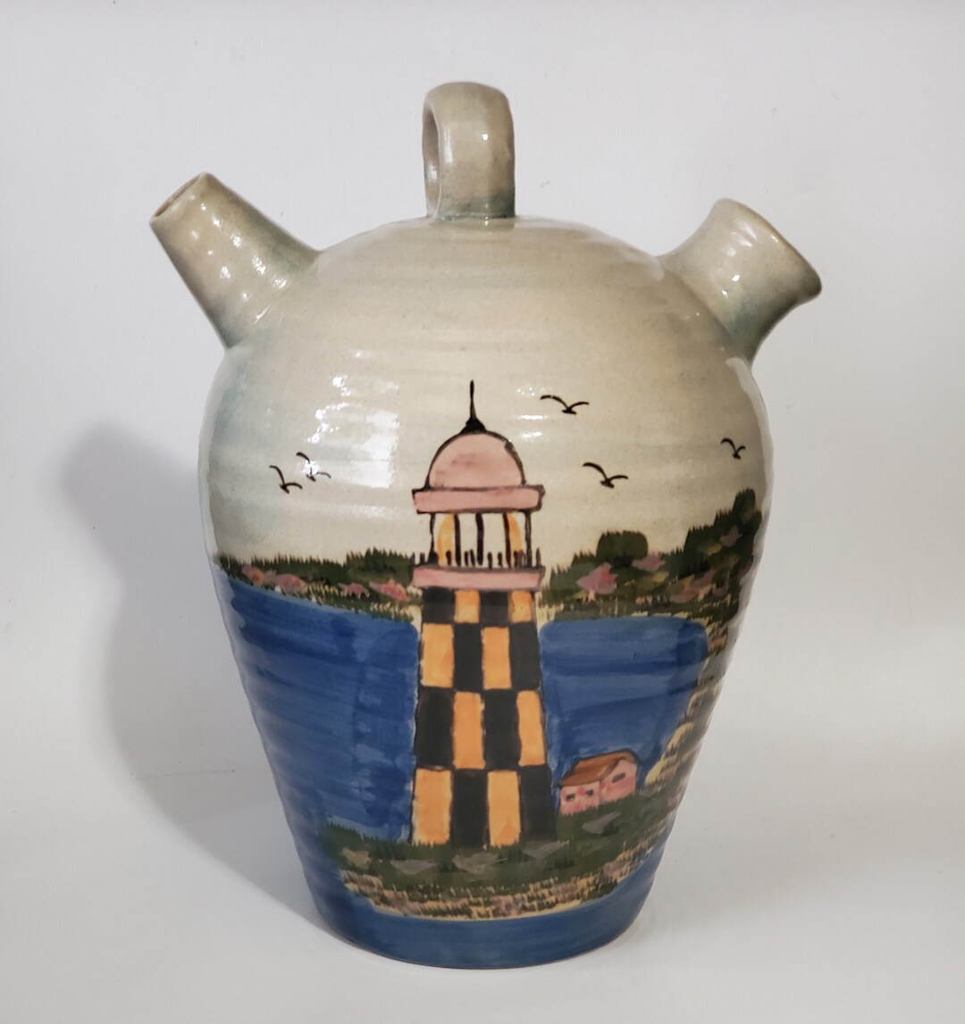 Vintage WCL Pottery Pitcher Hand Painted Double Spout Jug Ocean Town ...