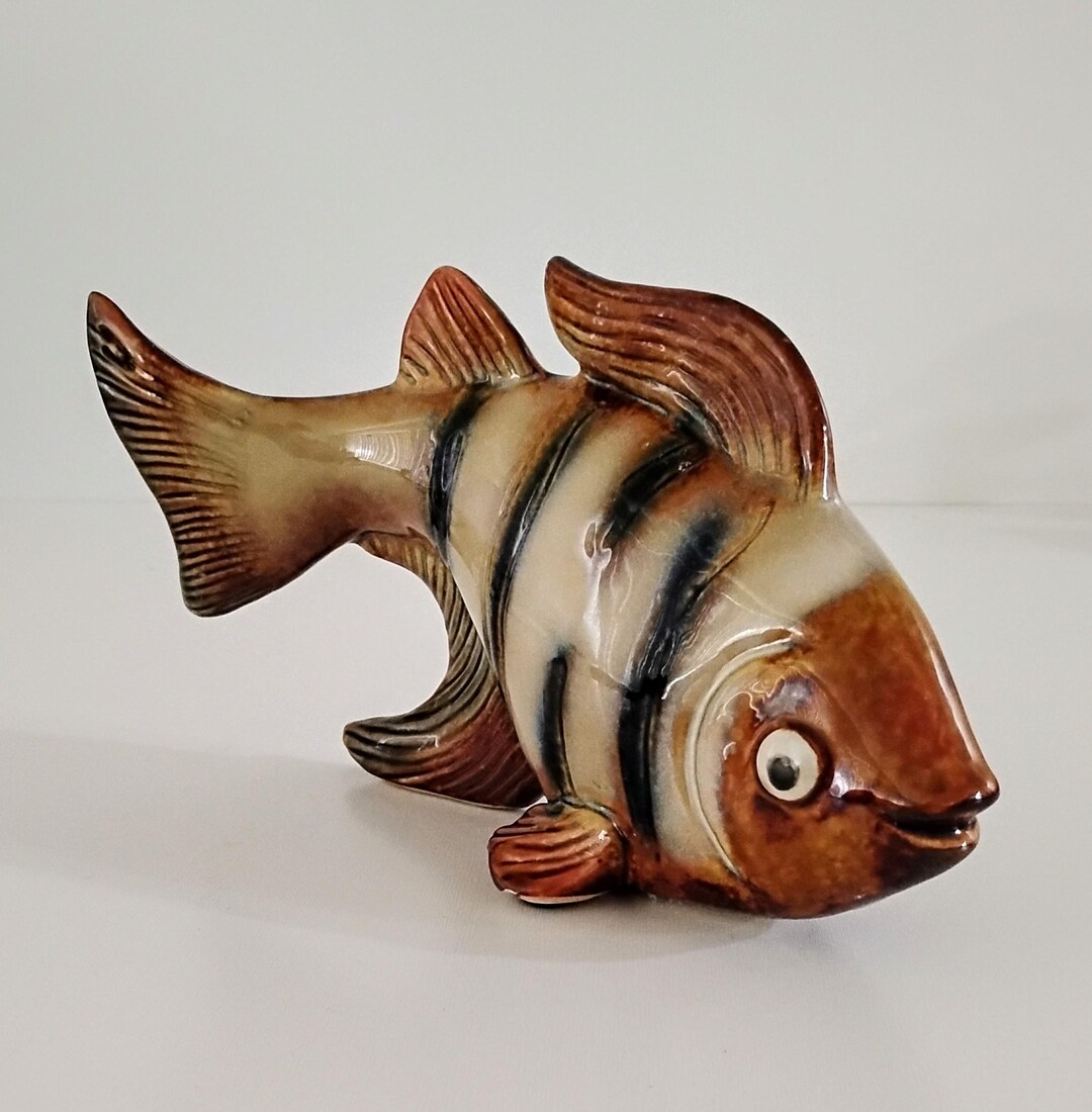 Ceramic 7 1/4" Long Fish Glaze Figure Beige Black Tones Nautical Home ...