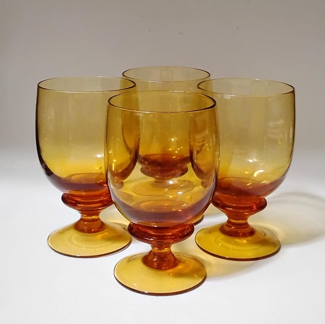 Vintage Amber Water Wine Disc Stem Goblets Drinking Glasses - Etsy