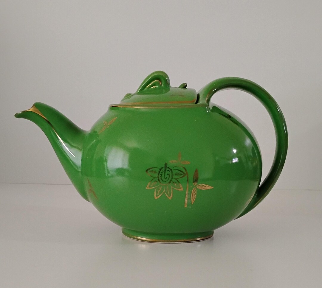 Vintage HALL Pottery Green Gold Trim Teapot With Lid USA 0752 - Etsy