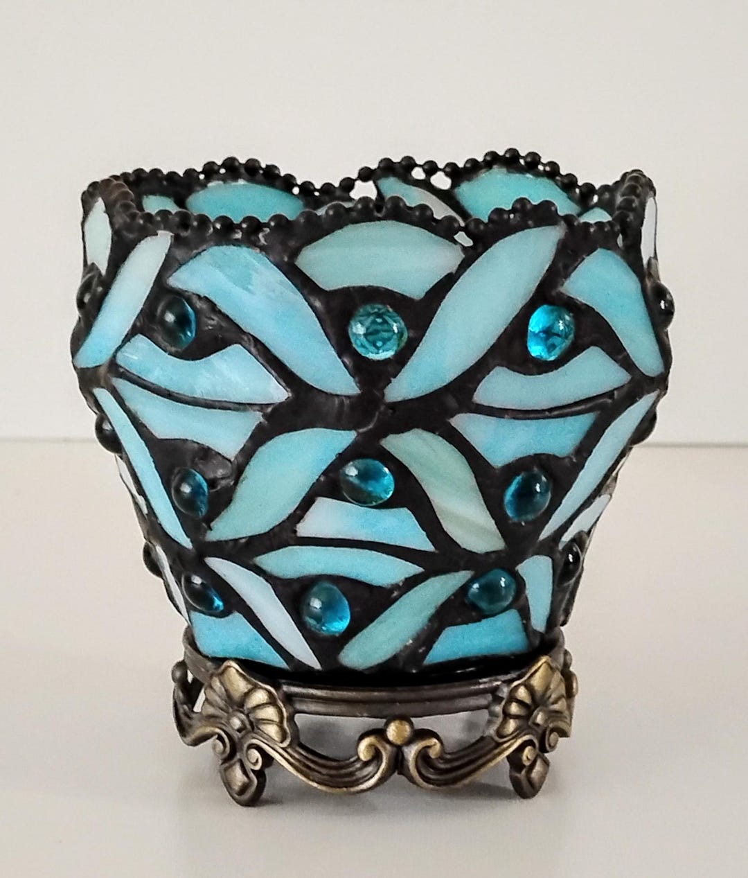 Partylite Tiffany Style Mosaic Blue Votive Candle Holder Stained Glass ...