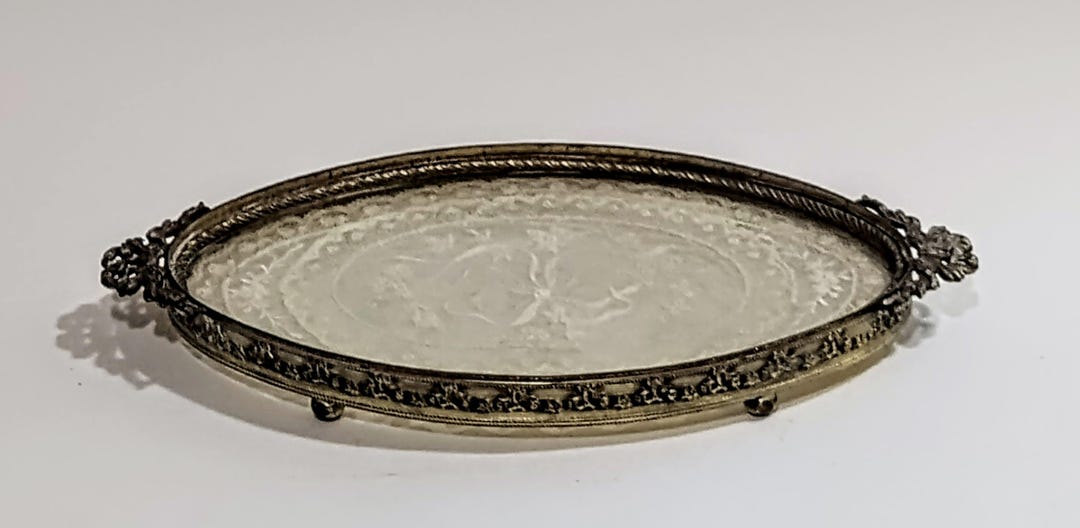 Antique Ornate Vanity Footed Tray Normandy Lace Insert in Glass With ...