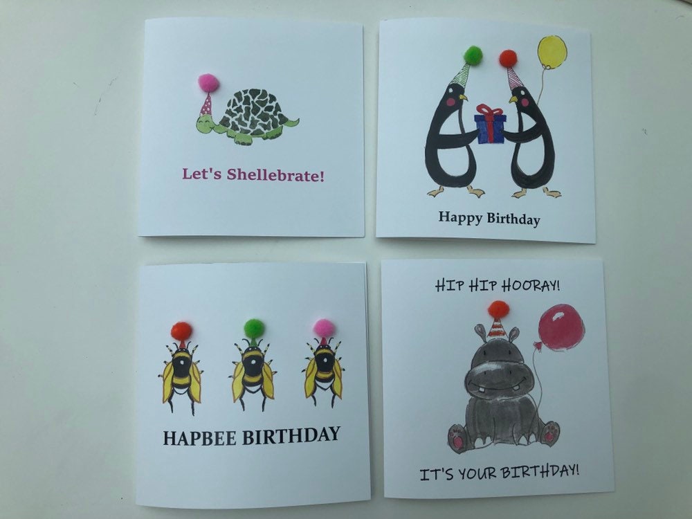 Penquin Illustrated Birthday Card. Pom Pom Card. Penguin Illustration ...