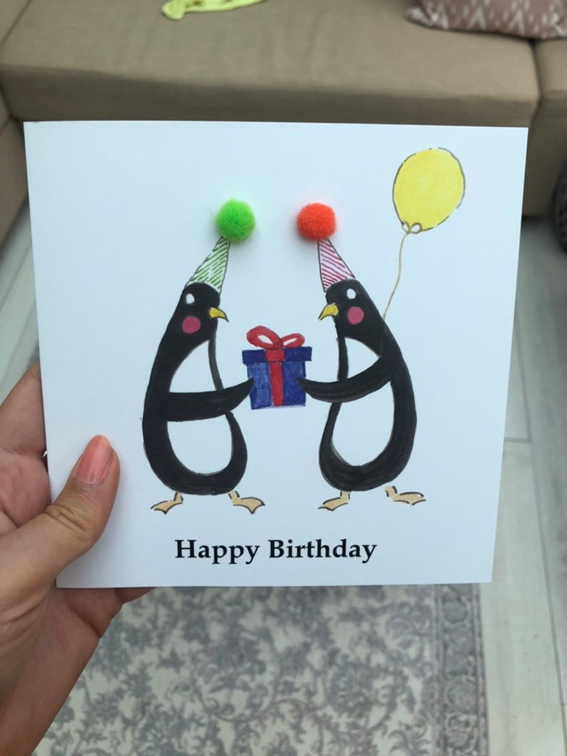 Penquin Illustrated Birthday Card. Pom Pom Card. Penguin Illustration ...