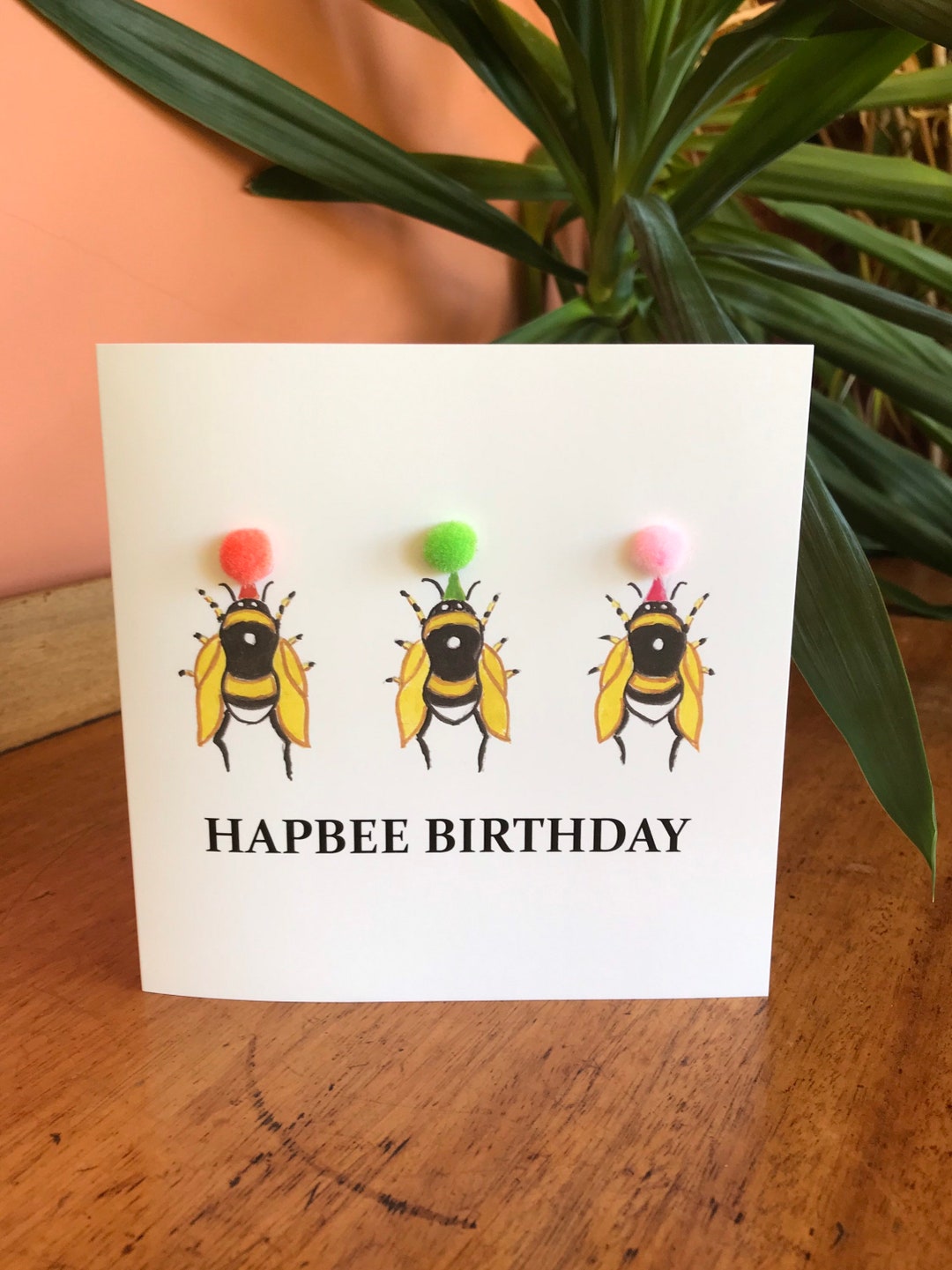 Bee Illustrated Birthday Card. Hapbee Birthday. Pom Pom Card. Bee ...
