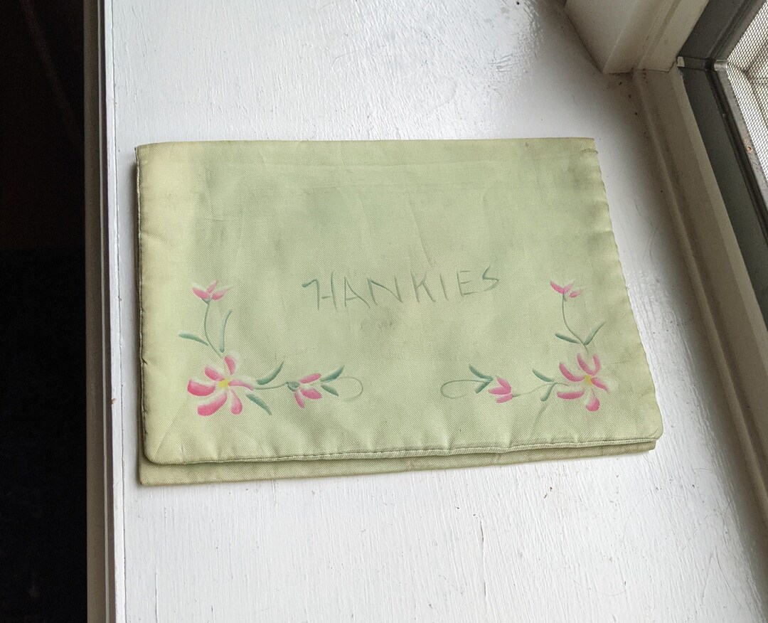 Vintage Green Satin Hankies Pouch: Hand-painted Pink Flowers - Etsy