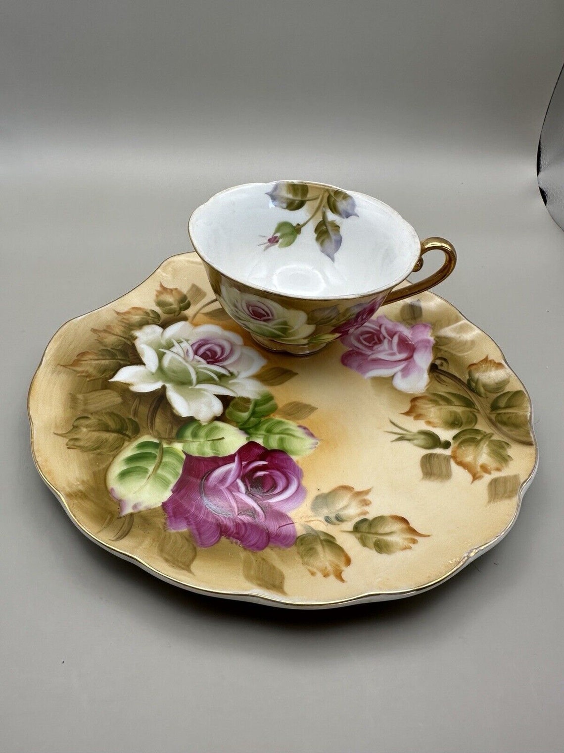 Vintage Lefton NE1864 Hand Painted Roses Snack Plate and Tea Cup 1950's ...