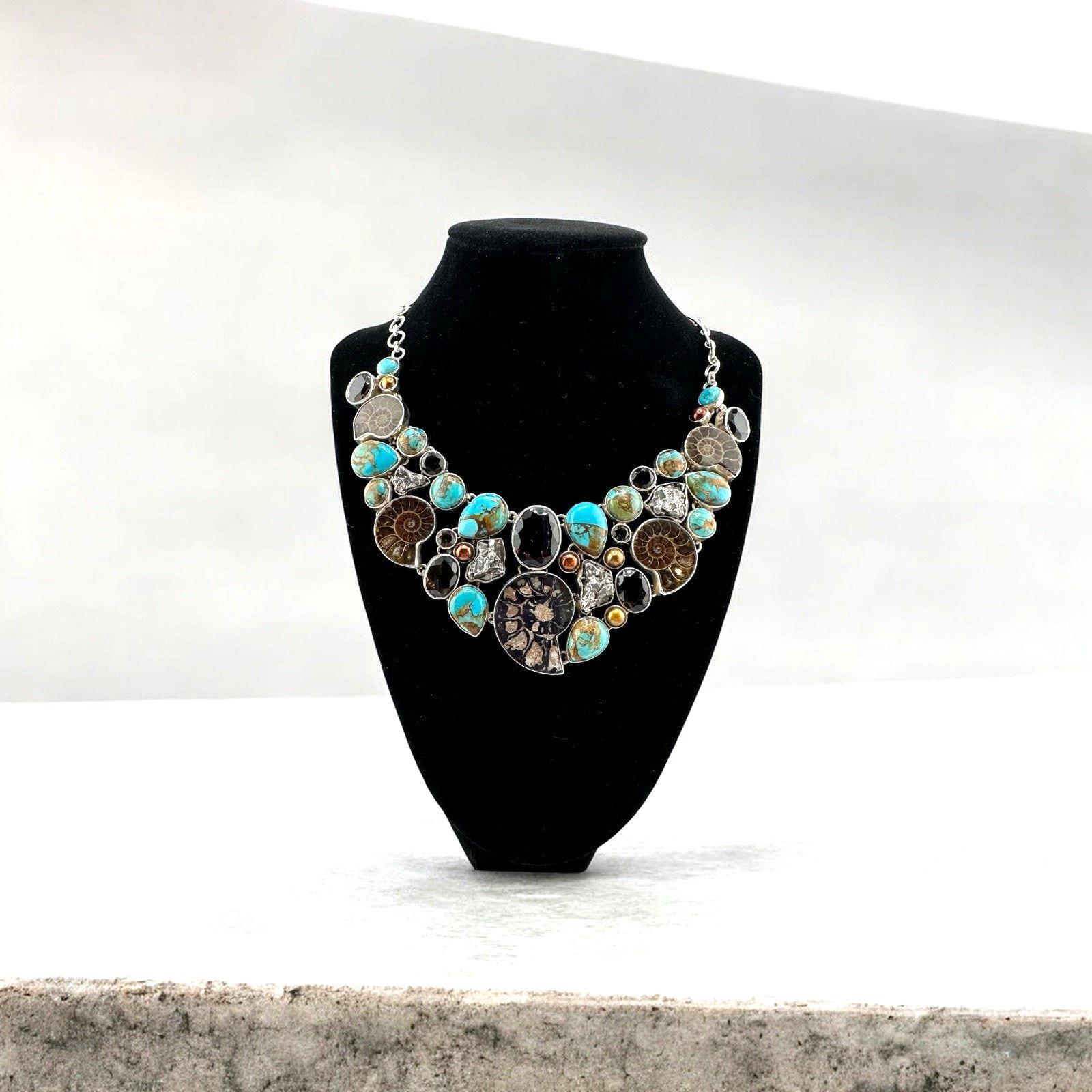 Sterling Silver Ammonite Smoky Quartz Turquoise Pearl Pyrite Statement ...