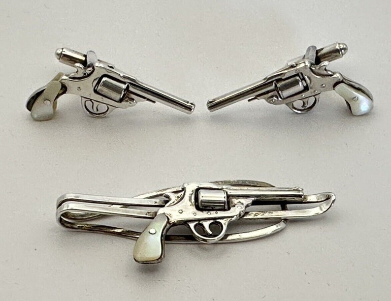 Vintage Colt Revolver Pearl Handled Sterling Silver Cufflinks and Tie ...