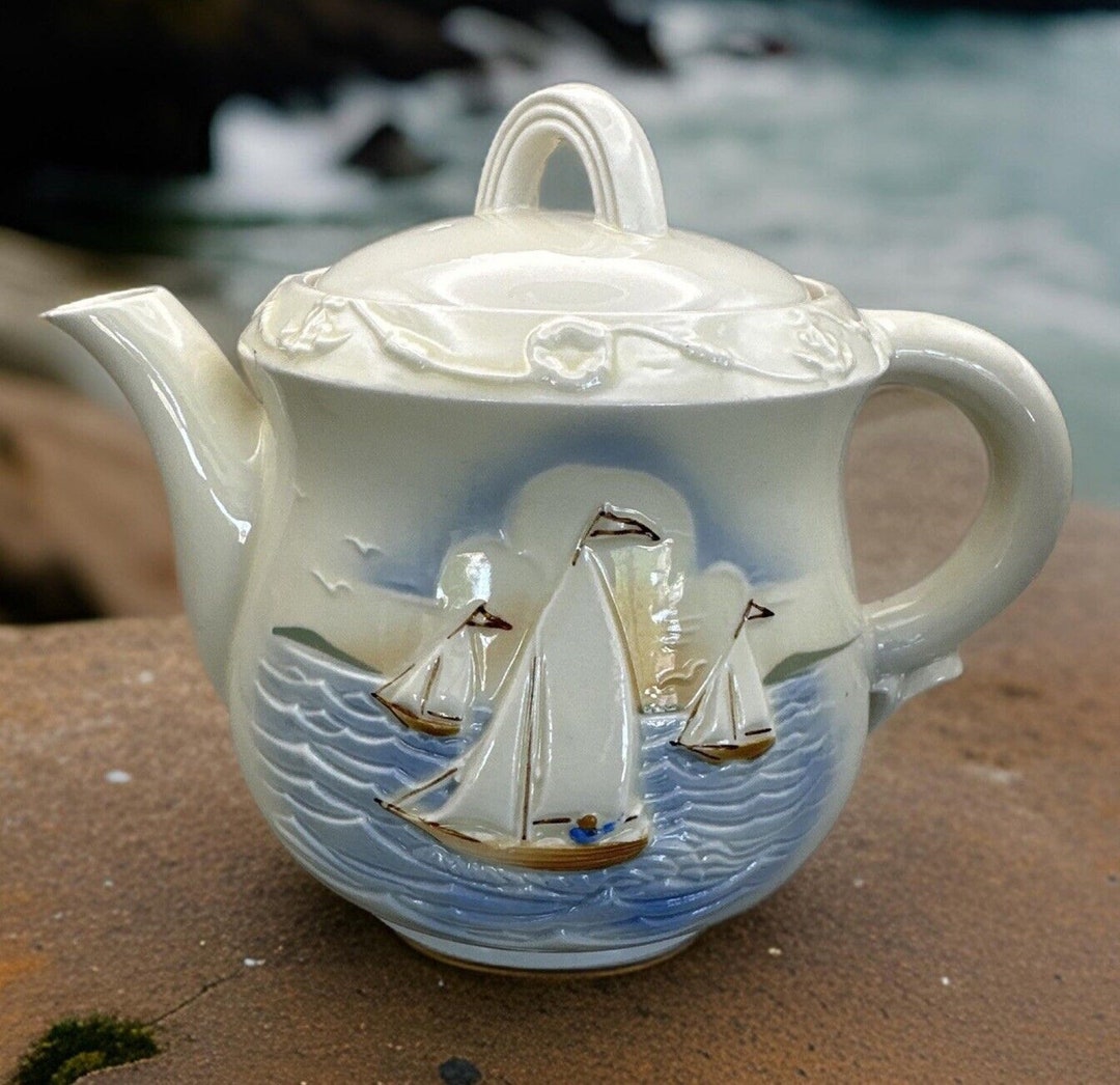 Vintage Porcelier Tea Pot 3D Sailboats Vitreous China 48oz Made in USA ...