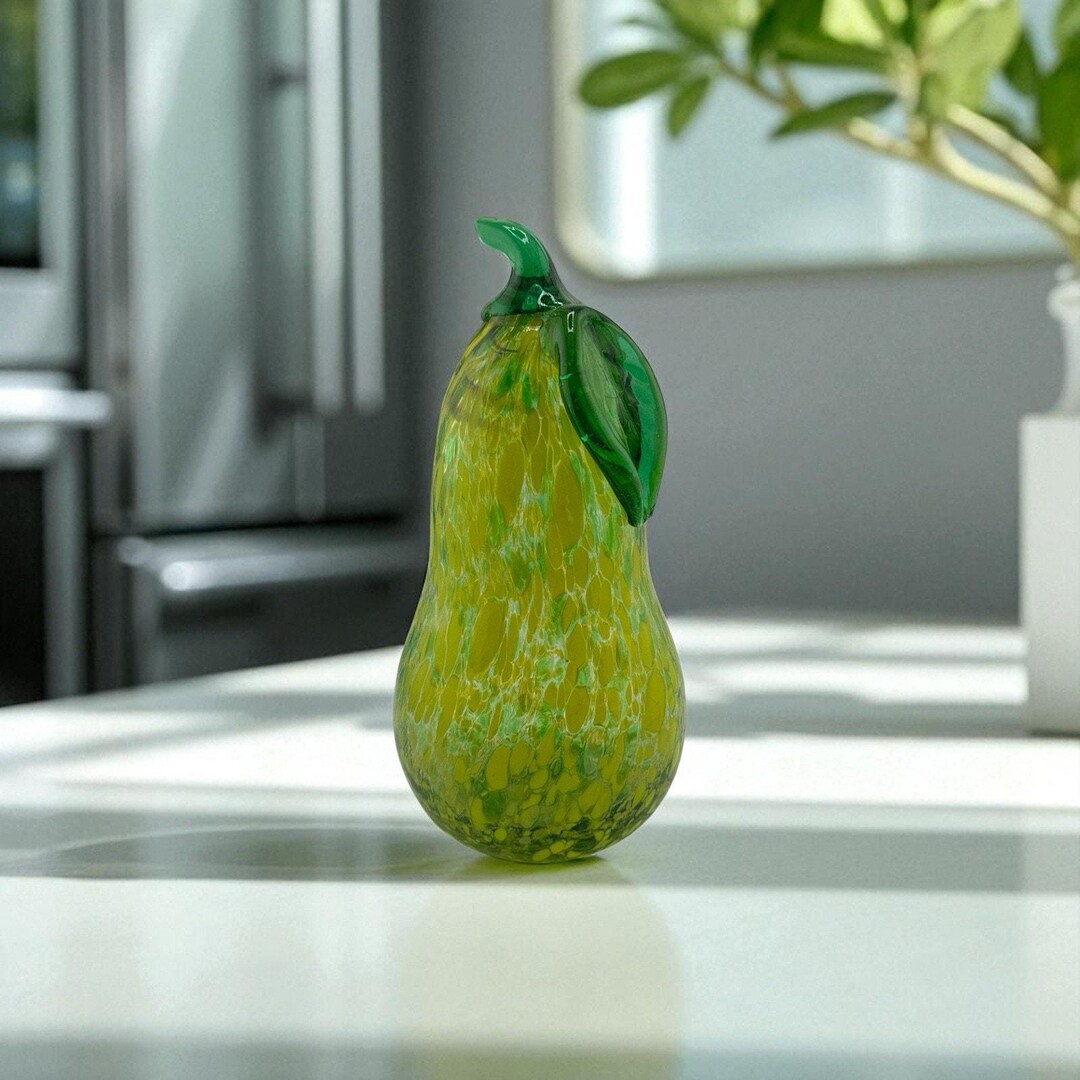 Murano Style Art Glass Handblown Green & Yellow Pear Shape Paperweight ...