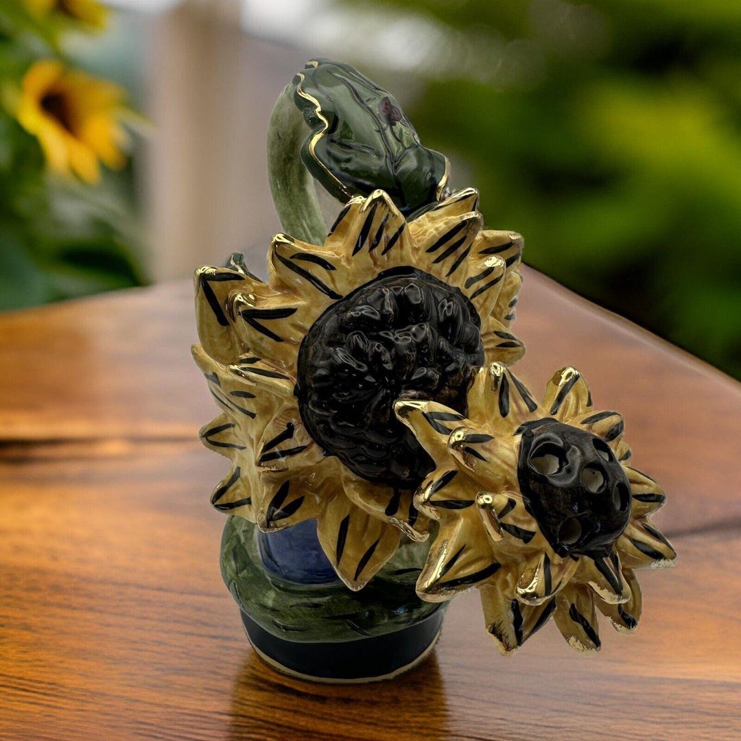 Vintage Blue Sky 2002 Heather Goldminc Sunflower Ladybug Pitcher ...