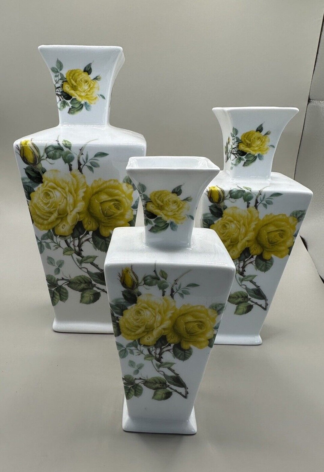 Set of 3 I. Godinger & Co. Yellow Rose Porcelain Vintage Vases 3 Sizes ...