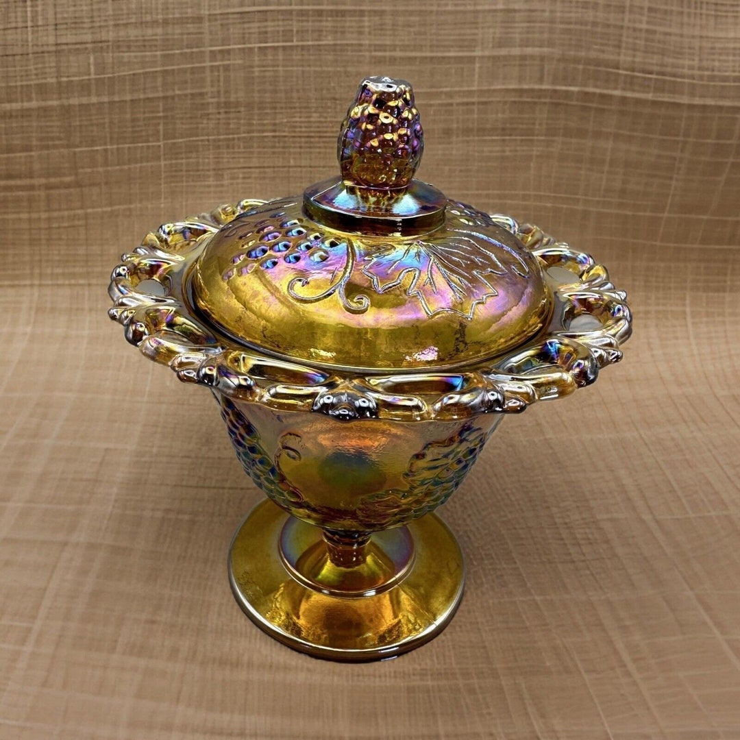Vintage Indiana Marigold Harvest Grapes Pattern 6.85" Tall Candy Dish ...