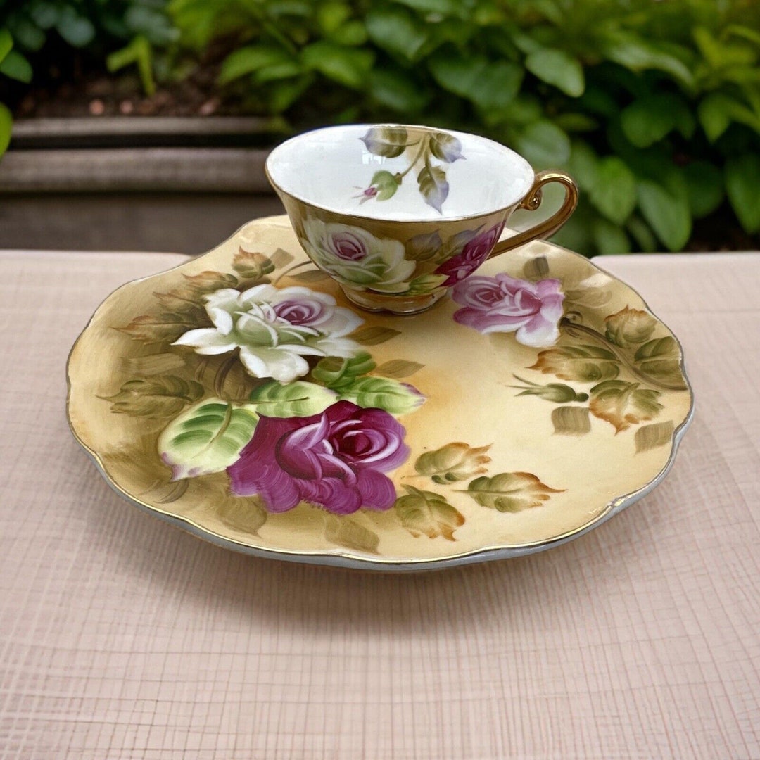 Vintage Lefton NE1864 Hand Painted Roses Snack Plate and Tea Cup 1950's ...