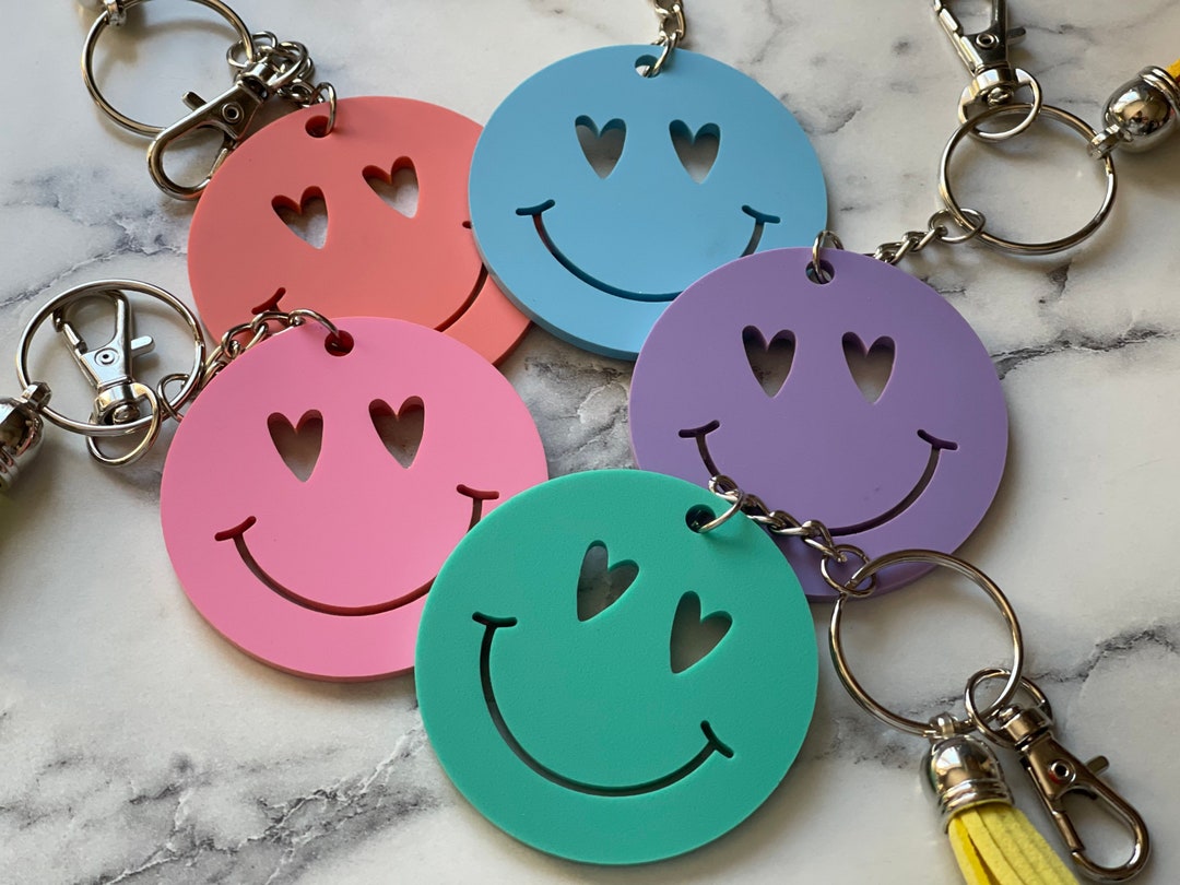 Smiley Face, Acrylic or Wood Keychain, Backpack Tag, Heart Eyes, Retro ...