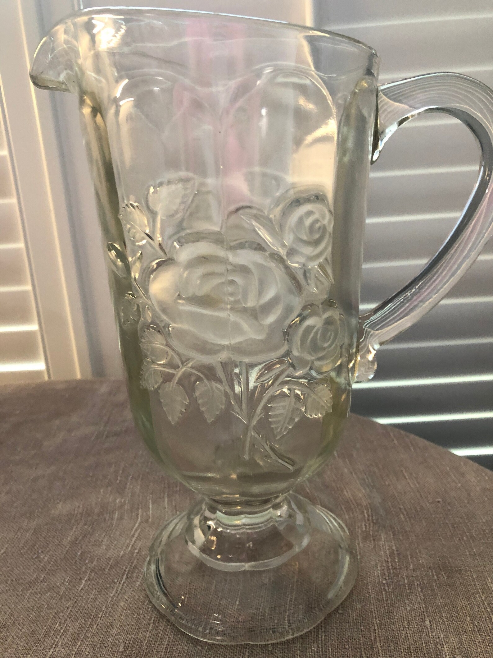 Vintage Pressed Glass Water Pitcher with Frosted Rose design | Etsy