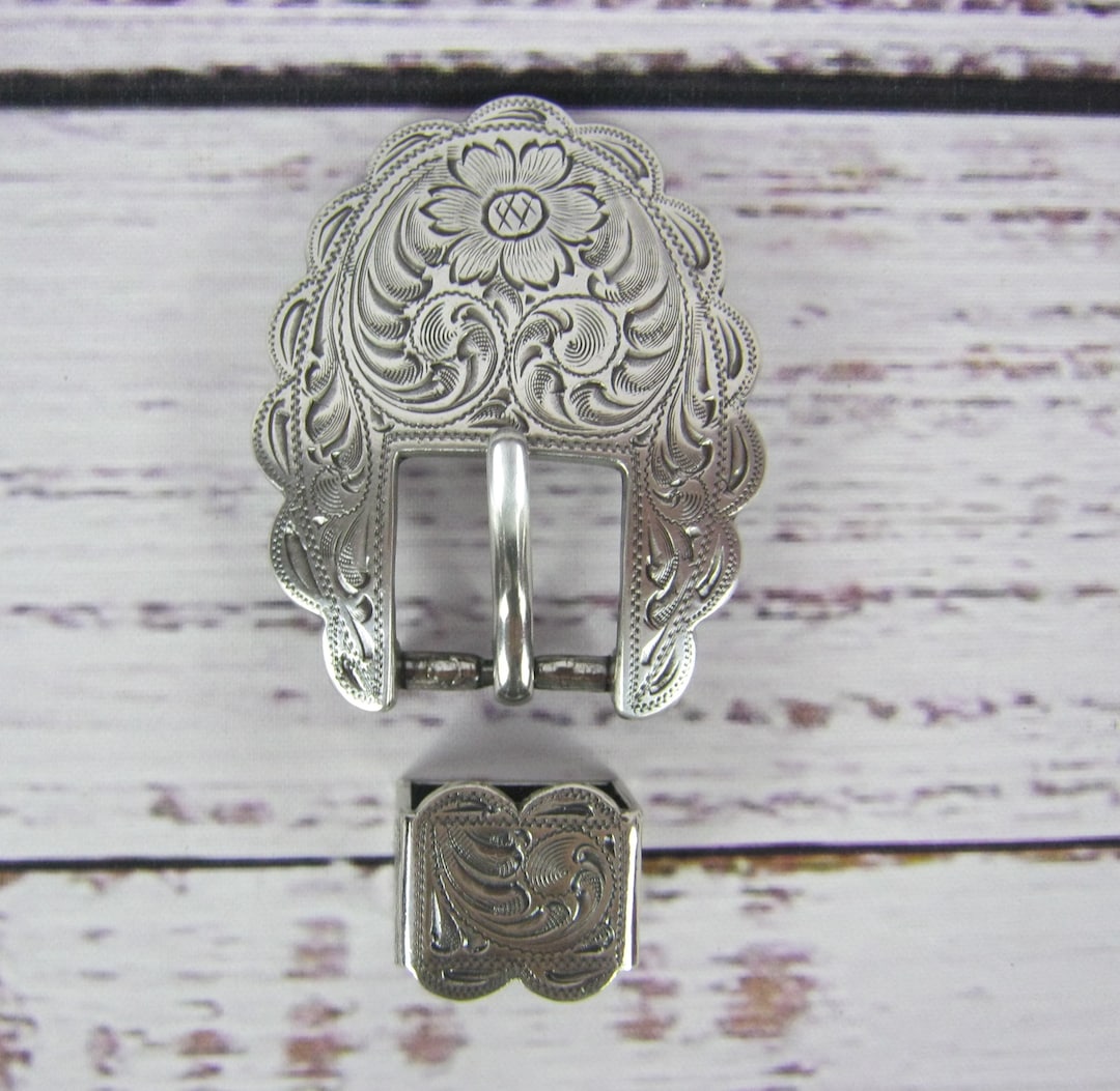 2 Piece Silver Engraved Buckle Set Loop 3/4" - Etsy