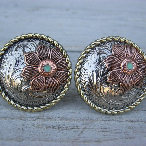 Feathered Turquoise Concho Screw Back Copper Feathers 1 - Etsy