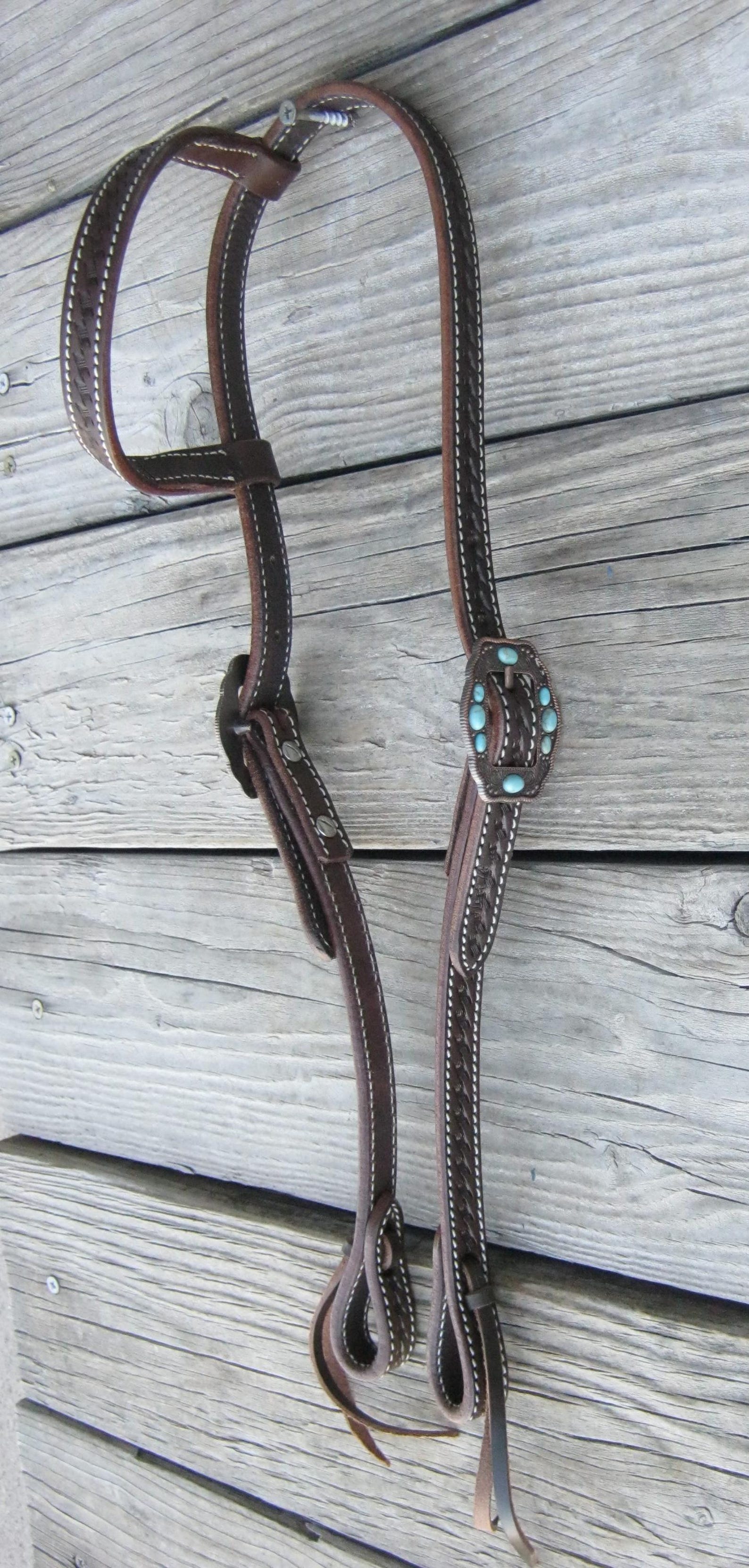 West 74 Dark Brown Basket Stamped Leather 5/8" One Ear Copper Turquoise ...