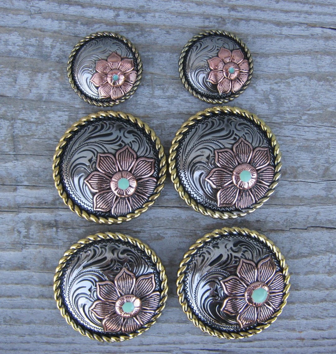 Floral Rope Edge Turquoise Copper Concho Screw Back Saddle Set 1