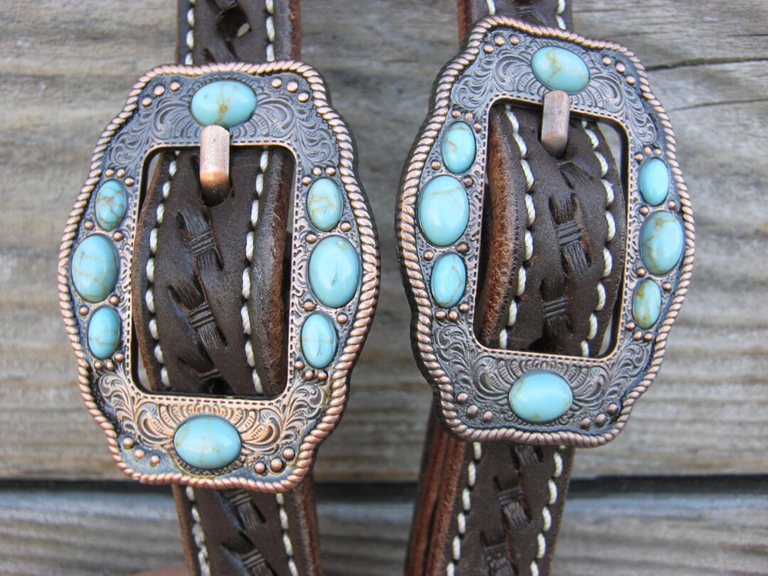 West 74 Dark Brown Basket Stamped Leather 5/8" One Ear Copper Turquoise ...
