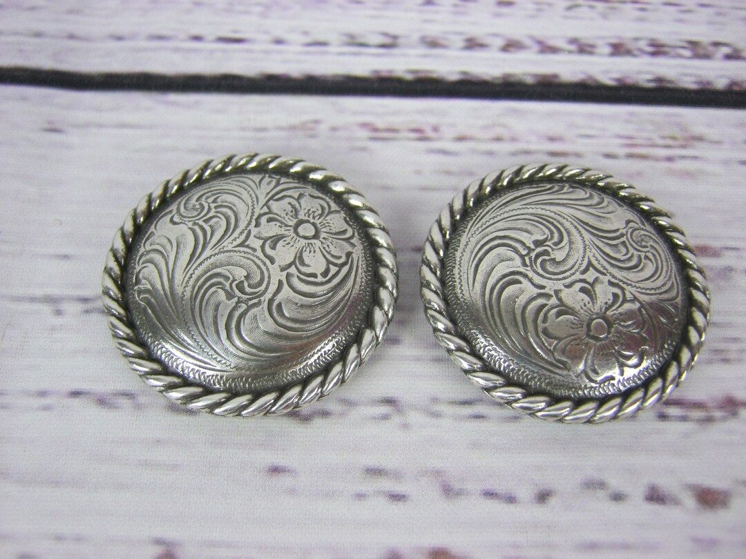 Lot of 2 Floral Engraved Rope Edge Antique Silver Concho 1" 1-1/2 ...