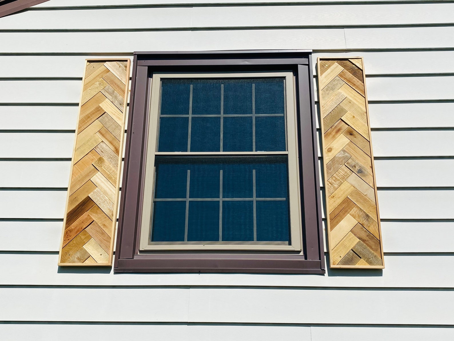 Set of 2 Exterior Wooden Window Shutters, Herringbone Pattern Shutters ...
