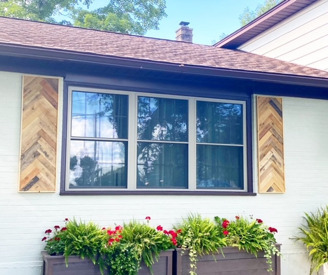 Set of 2 Exterior Wooden Window Shutters, Herringbone Pattern Shutters ...