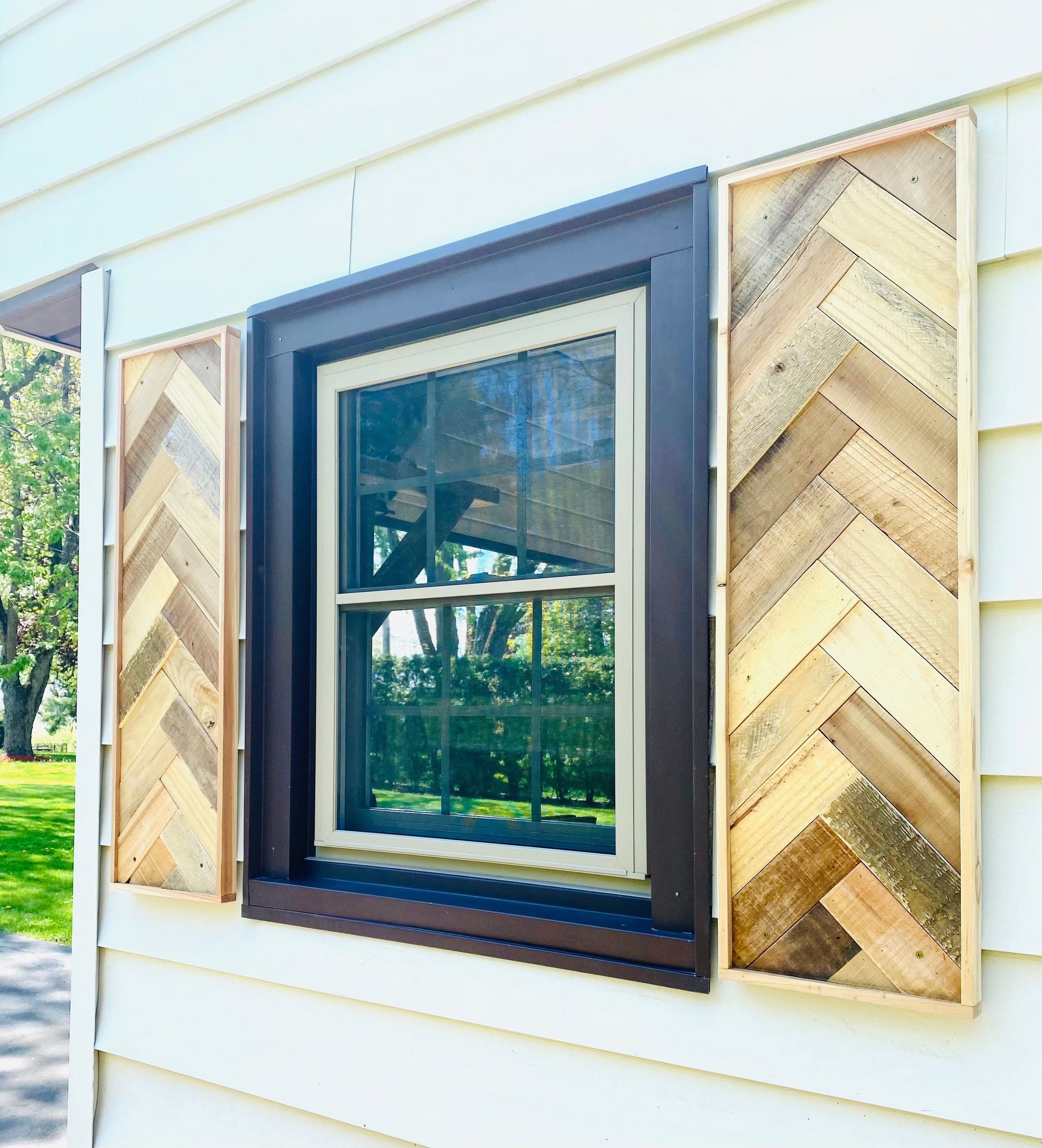 Set of 2 Exterior Wooden Window Shutters, Herringbone Pattern Shutters ...