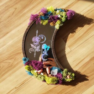 Cresent Moon Mirror, Moss Art, Decorative Crystal Mirror, Cottagecore ...