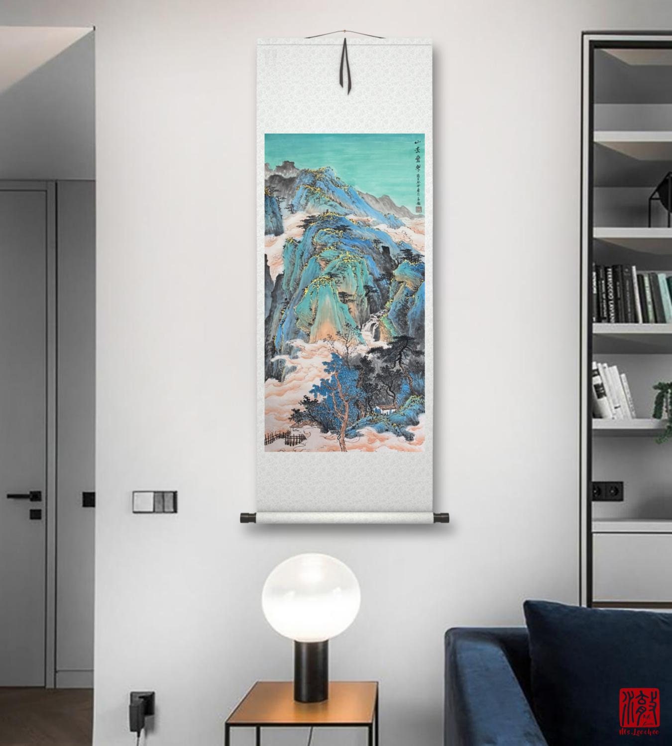 Blue Green Shan Shui Painting, With Golden Outline, Chinese Landscape ...