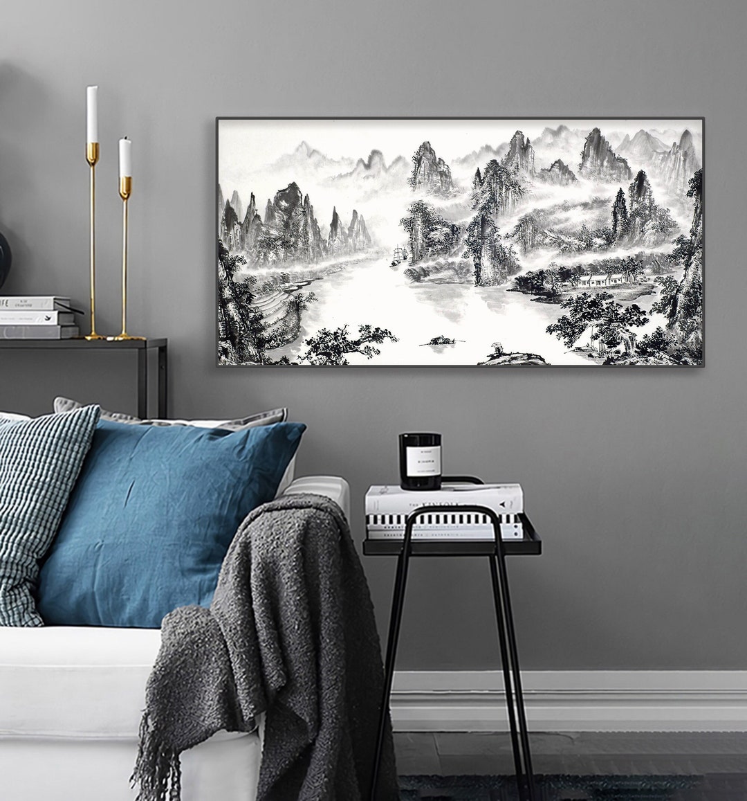 Minimal Shuimo freehand Ink wash painting, Li river Shan shui painting ...
