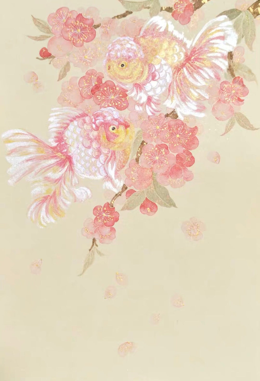 Original Hand-painted, Goldfish and Pink Peach Blossoms, Chinese Mogu ...