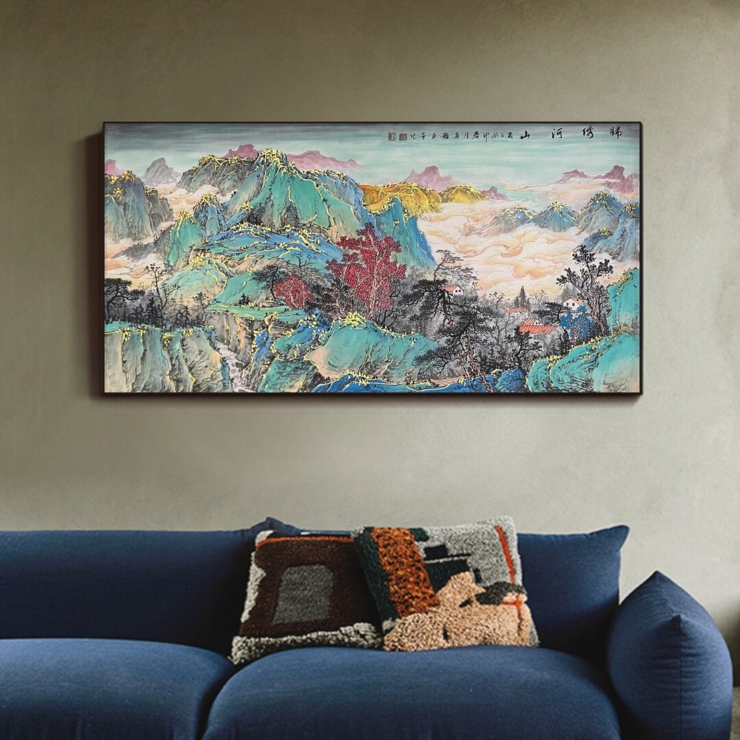 Blue-green Shan Shui Painting With Gold Outline, Original Chinese ...