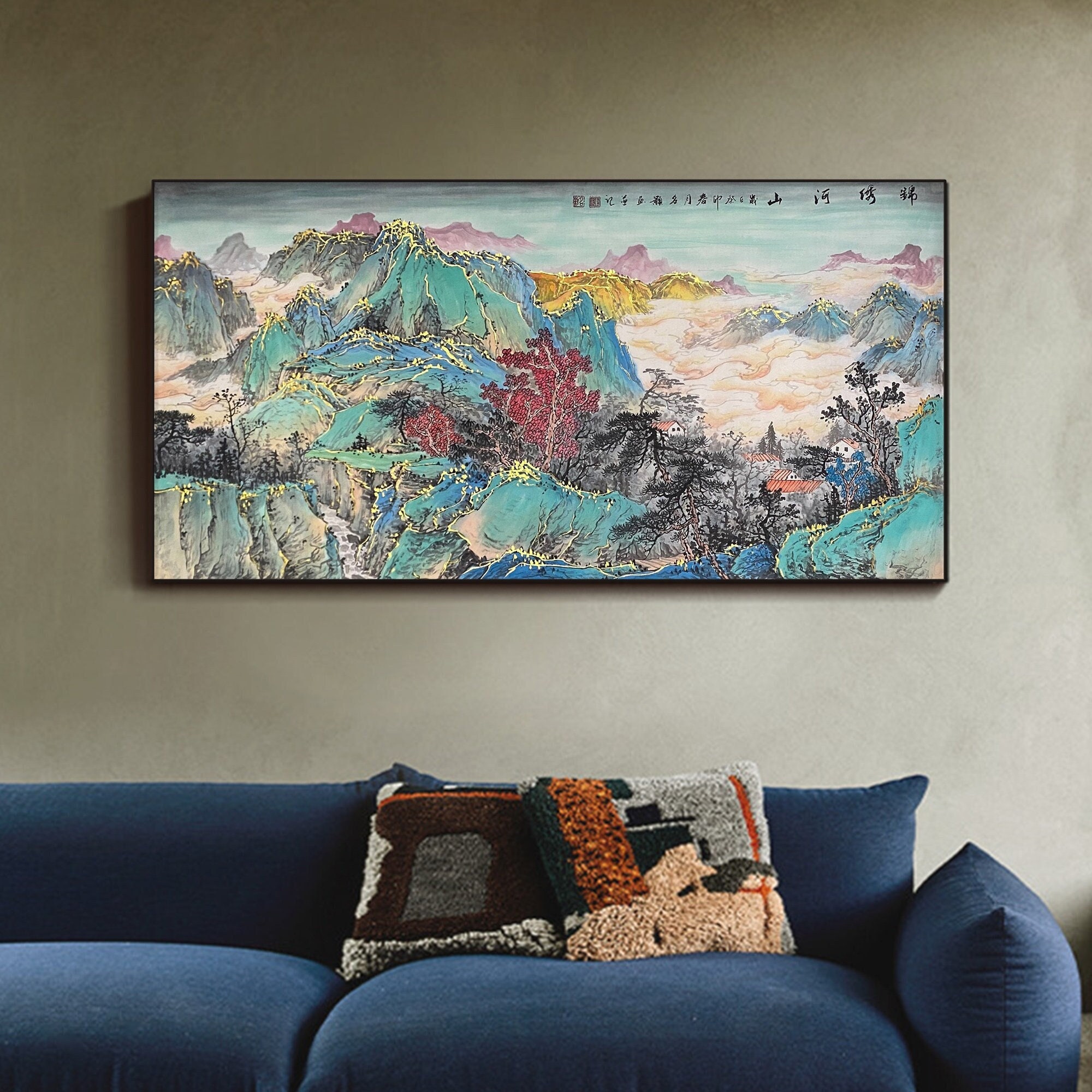 Blue-green Shan Shui Painting With Gold Outline, Original Chinese ...