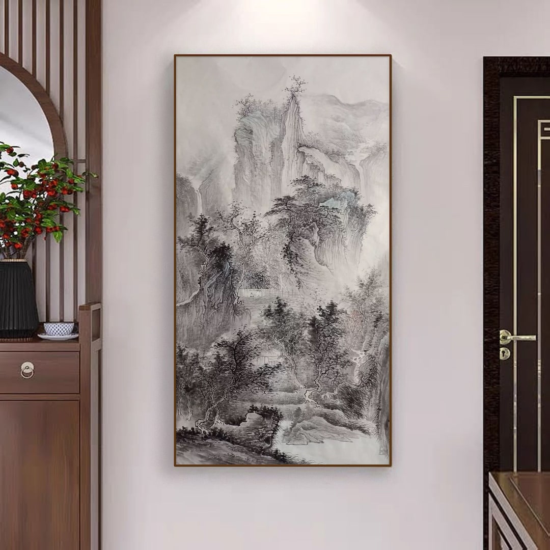 Secluded in the Mountains and Forest, Detailed Brushwork, Black and ...