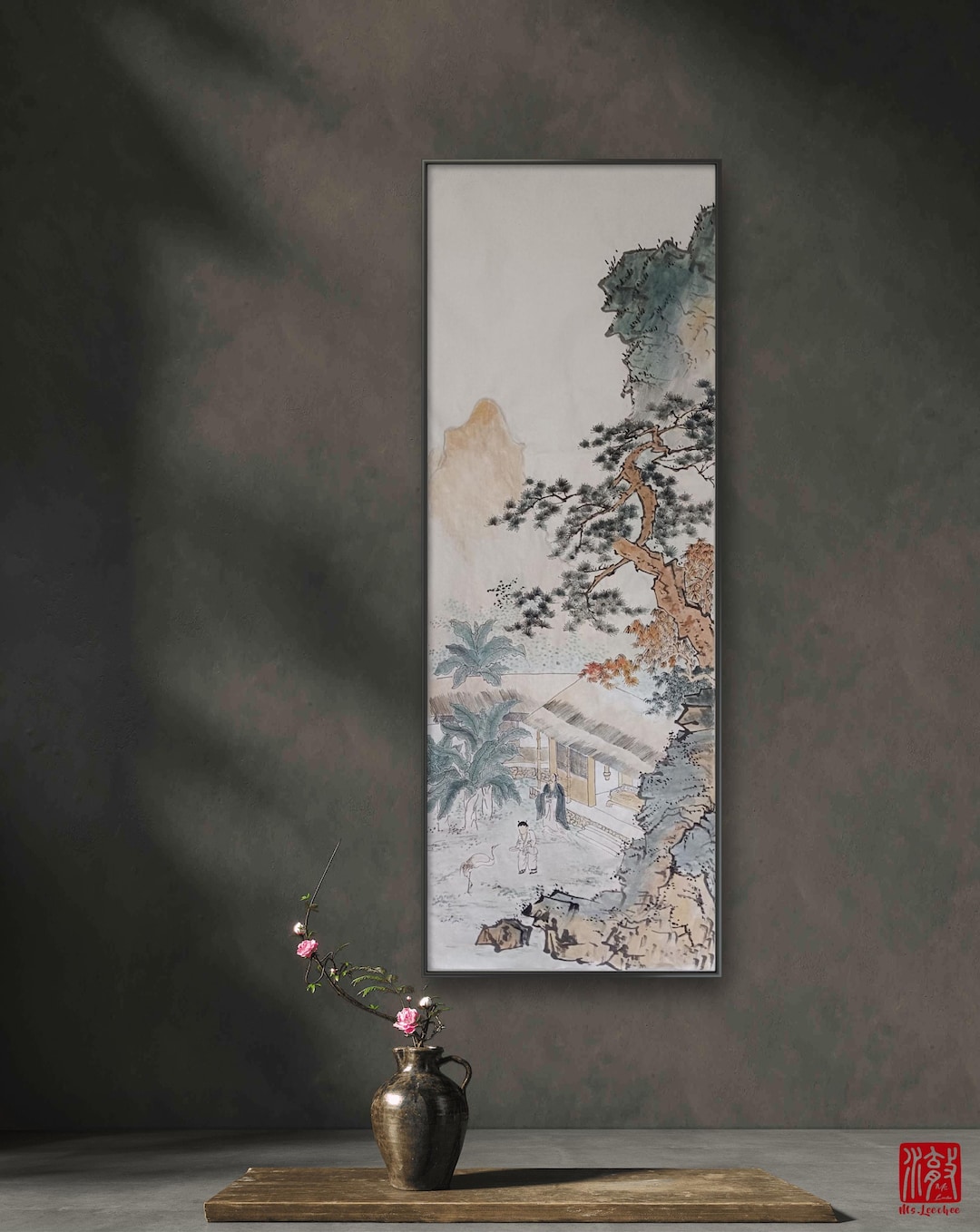 Vertical Narrow Hand Painted Chinese Landscape Painting, Ink Color on ...