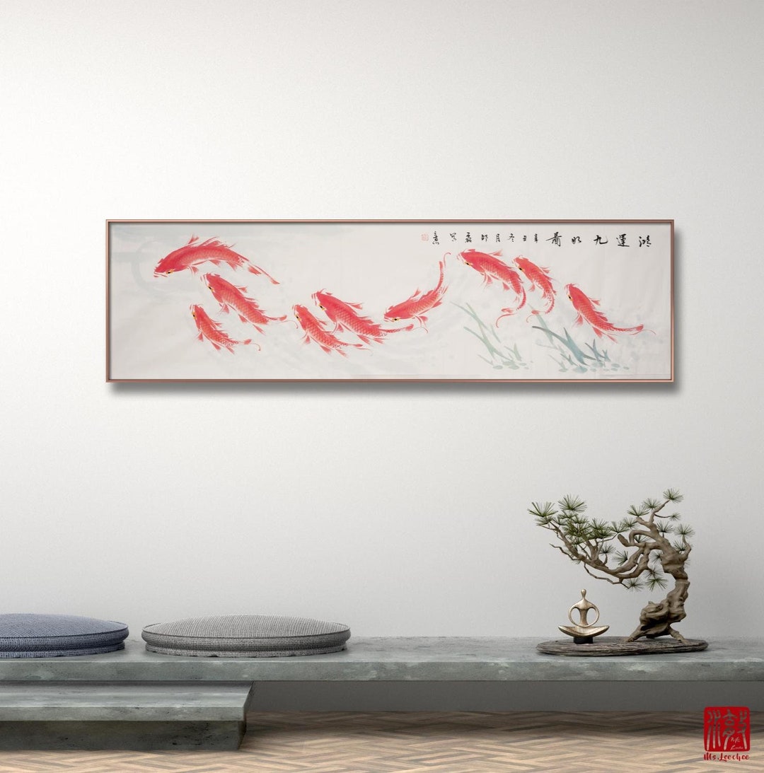 Hand-painted Ink Wash Koi Fish, Koi Brush Painting, Large Size Long ...