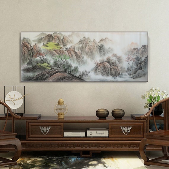 Watercolor Misty forest and waterfall mountain Original Chinese Shan ...